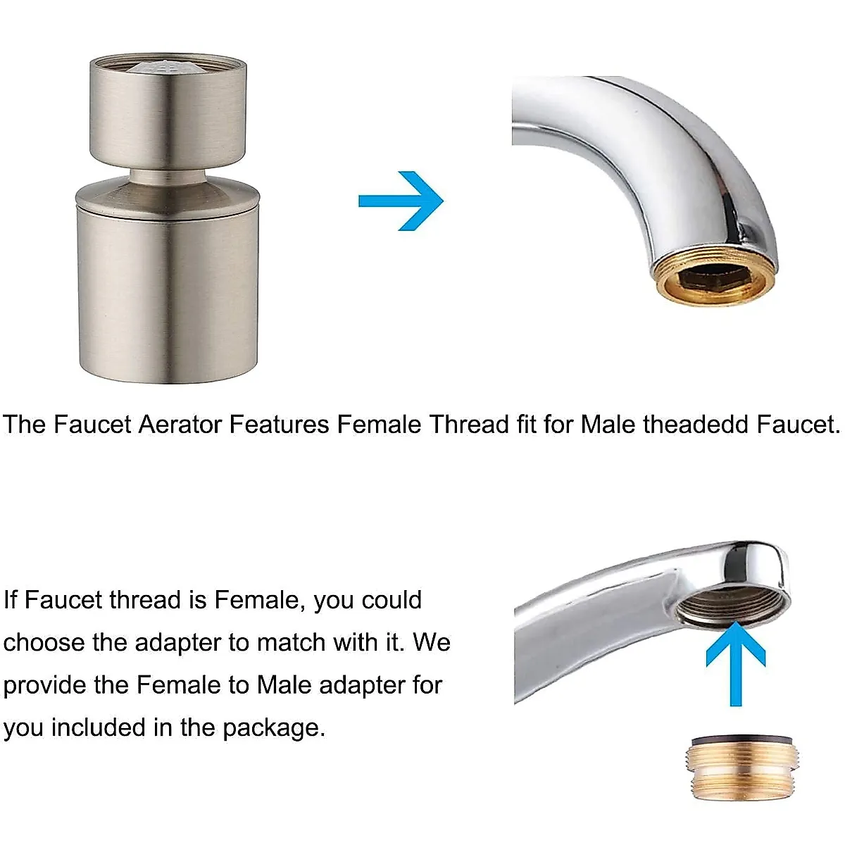 Dual-function 2-Flow Faucet Aerator, Water Saving Swivel Aerator with 2 Sprayer - Faucet Parts Replacement - 55/64 Inch-27UNS Female Thread - Brushed Nickel