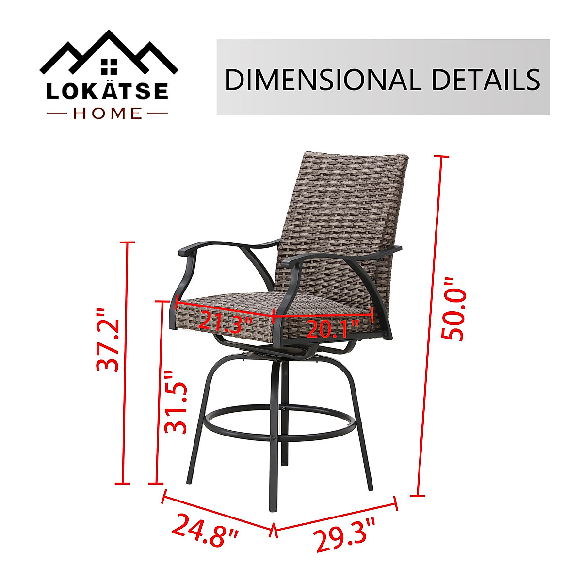 LOKATSE HOME Outdoor Swivel Wicker Chair Set Metal Frame Bar Stool for Backyard, Pool, Garden, Black