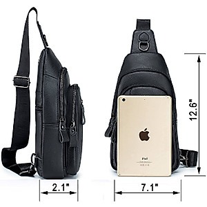 Genuine Leather Sling Bag Casual Chest Bag Travel Hiking Crossbody Shoulder Backpack Vintage Daypacks for Men&Women (Black)