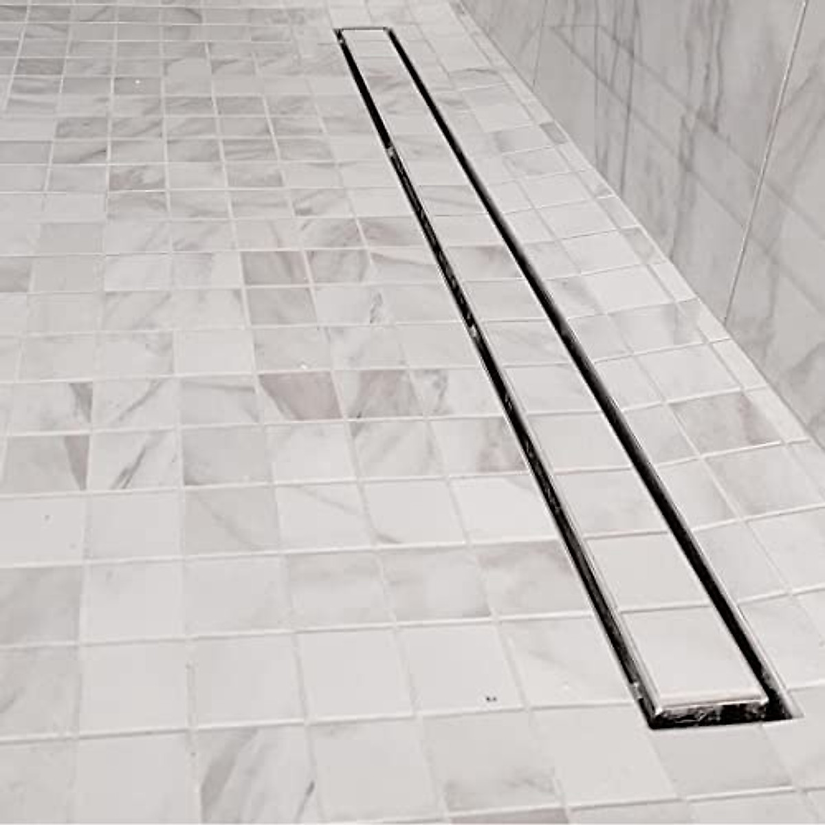 Novalinea - 54 Inch Linear Shower Drain with Tile Insert Grate, Includes Hair Strainer and Leveling Feet, 2 Inch Center Outlet, 304 Stainless Steel