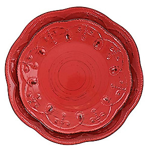 Elama Embossed Scalloped Round Stoneware Dinnerware Dish Set, 16 Piece, Red with Brown Accents
