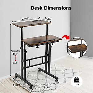 Hadulcet Mobile Standing Desk with Charging Station, Adjustable Standing Computer Desk, Standing Adjustable Laptop Cart with Wheels for Home Office Classroom Rustic Brown