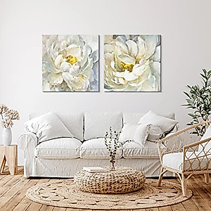 SEVEN WALL ARTS Flower Canvas Wall Art Peony Floral Pictures Set Abstract White and Yellow Blossom Paintings for Bedroom Bathroom Kitchen Office Living Room Wall Decor 24"x24"x2pcs