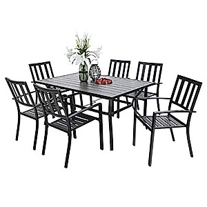 PHI VILLA 7 Piece Outdoor Patio Dining Set for 6, 60” Rectangular Metal Dining Table with Umbrella Hole & 6 Metal Stackable Chairs for Deck, Yard, Garden