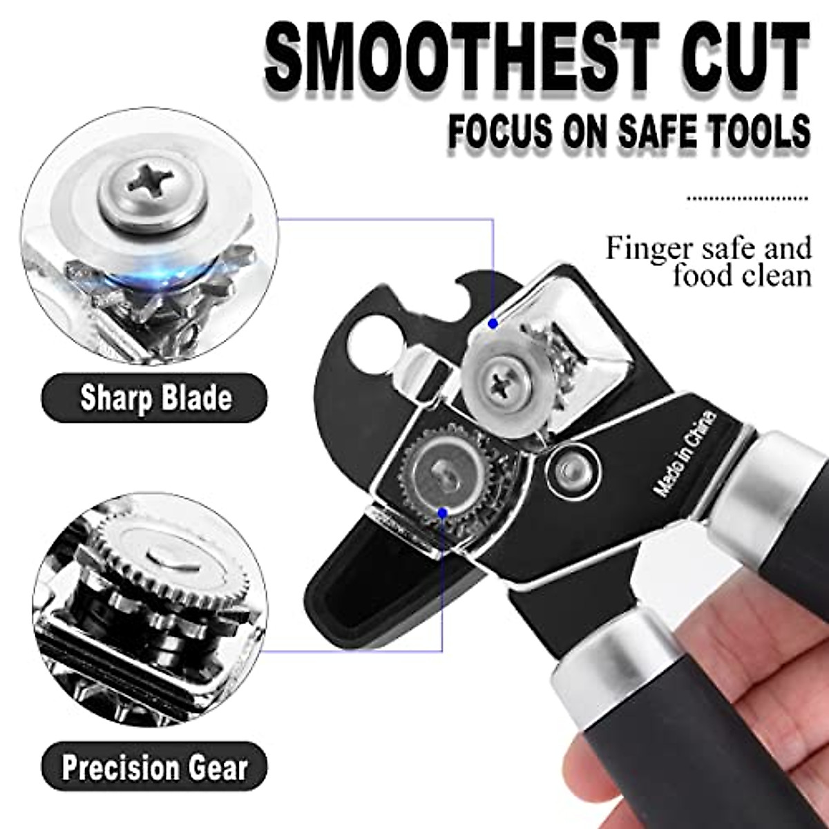 Geolinca Manual Handheld Strong Can Opener, Sharp Cutting Wheel for Smooth Edge Cut, Comfortable Soft Handle, Easy to Use Turn Knob, Includes Built in Bottle Opener, Black