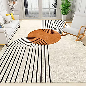 RITADI Boho Mid Century Modern Abstrac Art Line Minimalist Area Rug, Vintage Ivory Orange Indoor Non-Slip Kids Rugs, for Living Room Bedroom Dining Room Farmhouse,5 x 7ft