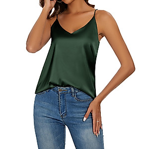Miqieer Basic Women's Silk Tank Top Ladies V-Neck Camisole Silky Loose Sleeveless Blouse Satin Tank Shirt(DarkGreen,M)