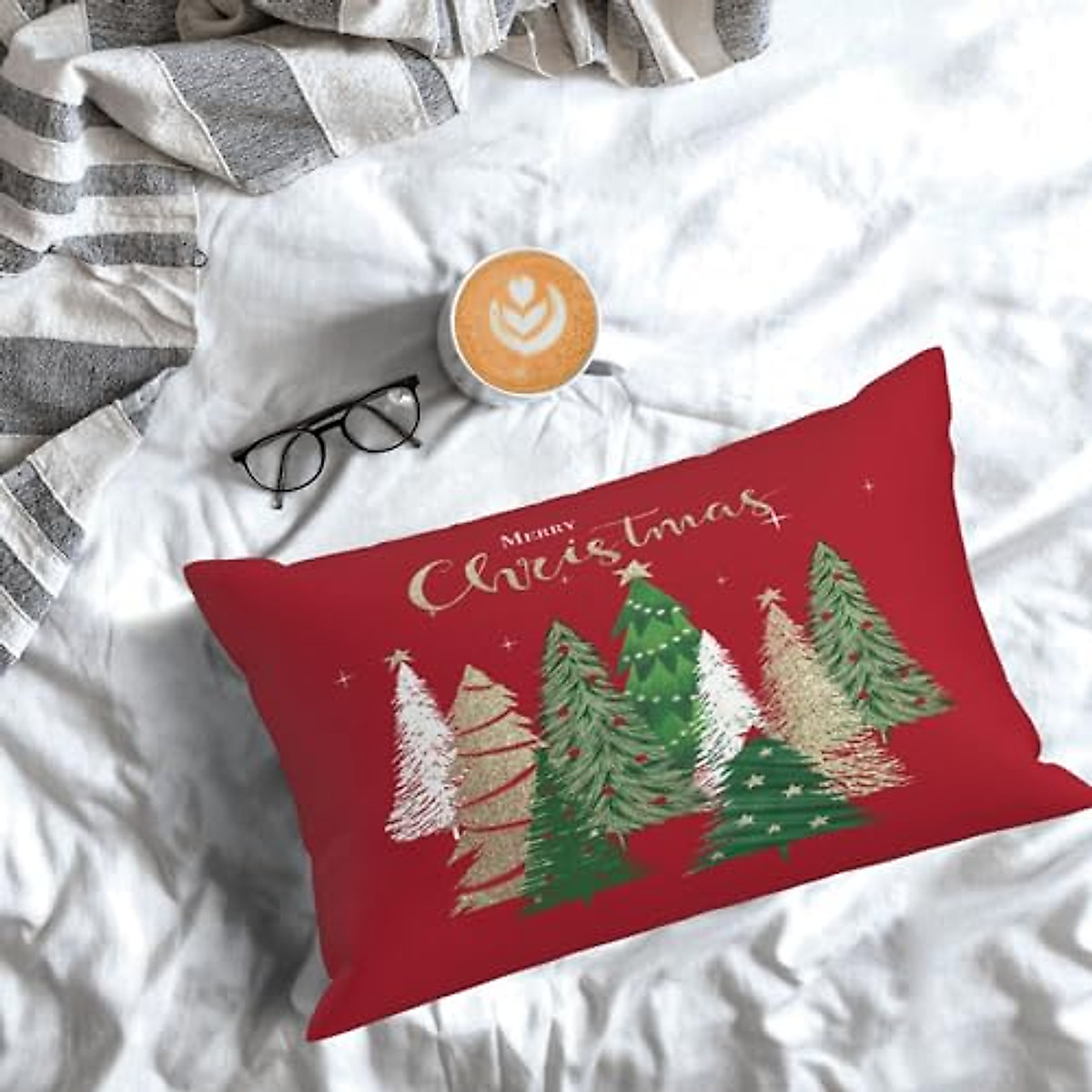 AELUTYSH Red Christmas Pillow Covers 12x20 Inch Set of 2, Christmas Tree Gold Star Decorative Throw Pillows Winter Pillow Case Holiday Christmas Decor Lumbar Cushion Cover for Home Sofa Couch