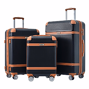 Merax Hardside Luggage Set with Spinner Wheels, Collision-Protection Angle, 3-Piece Set, TSA Lock, Expandable, Carry-On Luggage (20/24/28, Black)