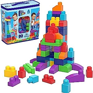 MEGA BLOKS Fisher-Price Toddler Block Toys, Big Building Bag with 80 Pieces and Storage Bag, Blue, Gift Ideas for Kids Age 1+ Years