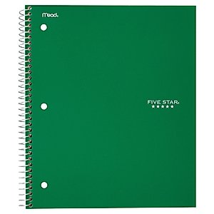Five Star Spiral Notebook, 1 Subject, College Ruled Paper, 100 Sheets, 11" x 8-1/2", School, Wired, Green (72055)