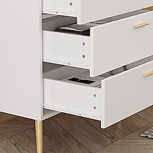 ECACAD Modern Dresser with 5 Drawers, Wood Dresser Storage Chest with Gold Metal Legs for Bedroom, Living Room, White (27.4”L x 15.6”W x 44.9”H)
