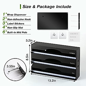 3 in 1 Acrylic Plastic Wrap Dispenser with Slide Cutter and Holder, Saran Wrap, Aluminum Foil and Parchment Paper Organizer Holder for Kitchen Drawer, Fits 12" Roll, Black