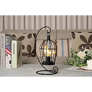 JHY DESIGN Birdcage Bulb Decorative Lamp Battery Operated 12" Tall Cordless Accent Light with Warm White Fairy Lights Bird Bulb for Living Room Bedroom Kitchen Wedding Xmas(Black)