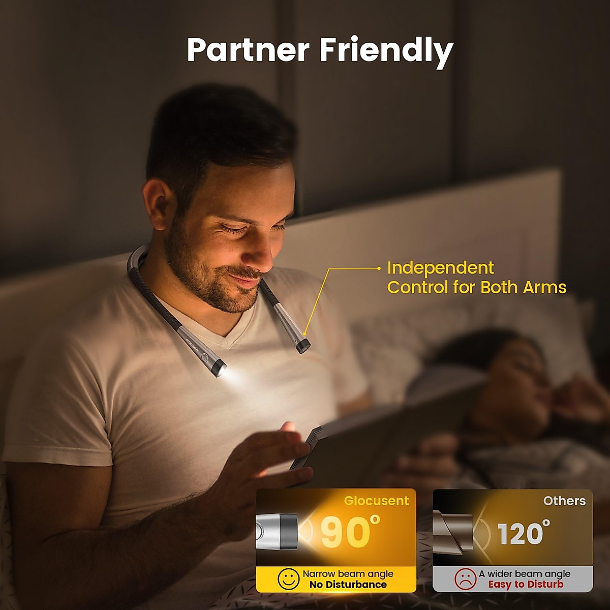 Glocusent LED Neck Reading Light, Book Light for Reading in Bed, 3 Colors, 6 Brightness Levels, Bendable Arms, Rechargeable, Long Lasting, Perfect for Reading, Knitting, Camping, Repairing