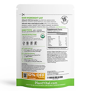 Plantvital Unflavored Organic Vegan Protein Powder - 15 Superfoods, Veggies and Probiotics - Organic Plant-Based Protein Powder - All BCAA’s, Gluten Free - 16oz -1 Pouch