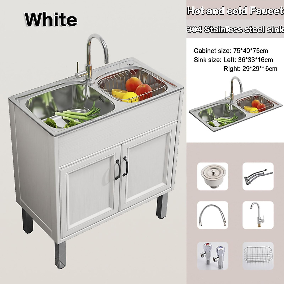 Kitchen Sink Cabinet With Cabinet,Commercial Sink Kitchen，Commercial/Industrial Sink With Cold And Hot Faucet For Small Space Basement Small Rv Business Restaurant ( Color : A , Size : 75*40*75cm )