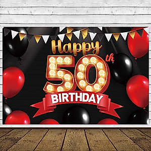 Happy 50th Birthday Black Banner Decorations Gold Backdrop Red and Black Balloons Theme Decor for Girls Women Princess 50 Years Old Birthday Party Supplies Photo Booth Props Background Favors Glitter