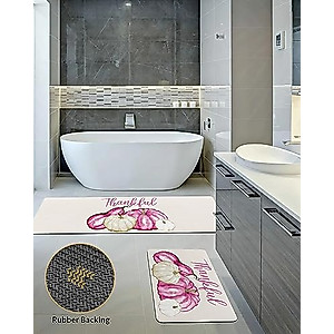 Thanksgiving Fall Bath Mat for Tub,Non Slip Bathroom Floor Runner Rug Quick Dry & Absorbent Diatomaceous Earth Shower Sink Kitchen Washable Doormat,Thanksful Harvest Pumpkin Pink White 20x24+20x48