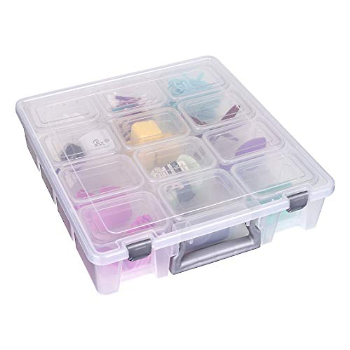 AB Designs 6965ABD Super Satchel with 9 Small Bins Inside, Stackable Home Storage Organization Container, Clear with Sliver Latches and Handle