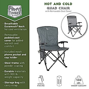 TIMBER RIDGE Folding Hot and Cold Camping Lawn Chair Removable Seat Padded Side Pocket Carry Bag Included, Supports Up to 300 LBS, Grey