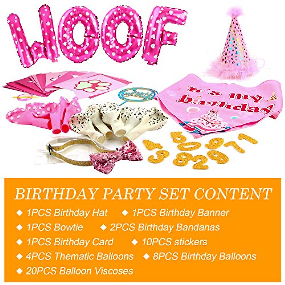 Dog Birthday Party Supplies - Dog Girl Birthday Bandanas Set with Dog Birthday Hat, Scarf, Birthday Banner, Balloons and Bowtie. Puppy Dog Pals Birthday Party Decorations.