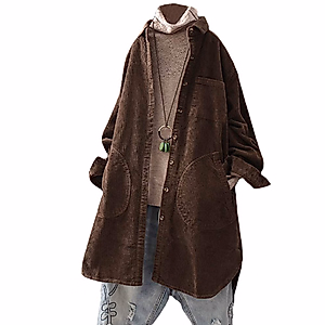 Minibee Women's Corduroy Shirt Coats Long Sleeve Button Down Blouses Tops with Pockets Coffee XL