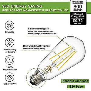 Volxon Dimmable E26 Edison Bulbs 60 Watt LED Equivalent, Vintage Style Antique Light Bulbs, 6W 2700K Warm White, High Brightness 800LM, LED Filament Bulb, 95+ CRI, ETL Listed(4 Pcs)