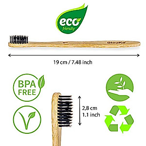 BlauKe Bamboo Toothbrushes Medium Bristles 5-Pack – Biodegradable, Sustainable, Natural, Eco Friendly – Black Charcoal Wooden Toothbrush Set