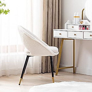 KCC Fluffy Desk Chair, Faux Fur Accent Chair, Comfy Modern Leisure Armchair No Wheel, Upholstered Elegant Fuzzy Chair with Metal Legs for Teens Women Girls, Home Vanity Makeup Office Chair Black