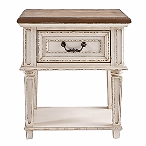 Signature Design by Ashley Realyn Traditional Cottage 1 Drawer Nightstand with Dovetail Construction & Open Display Shelf, Chipped White, 27" Tall, Distressed Brown