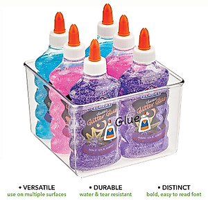 mDesign Stackable Plastic Craft, Sewing, Crochet Storage Container Box with Handles- Compact Organizer Bin, Holder for Thread, Beads, Ribbon, Glitter, Clay - 4 Pack, Includes 32 Labels - Clear