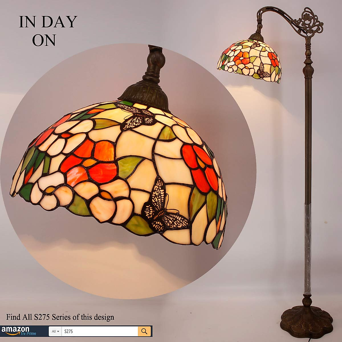 WERFACTORY Tiffany Floor Lamp Butterfly Amber Stained Glass Arched Lamp 12X18X64 Inches Gooseneck Adjustable Corner Standing Reading Light Decor Bedroom Living Room S275 Series