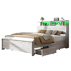 LUXOAK Queen Bed Frame with 49" Tall Bookcase Headboard, Metal Platform Bed with 4 Storage Drawers, LED Lights & Charging Station, No Box Spring Needed, Easy Assembly, Rustic White