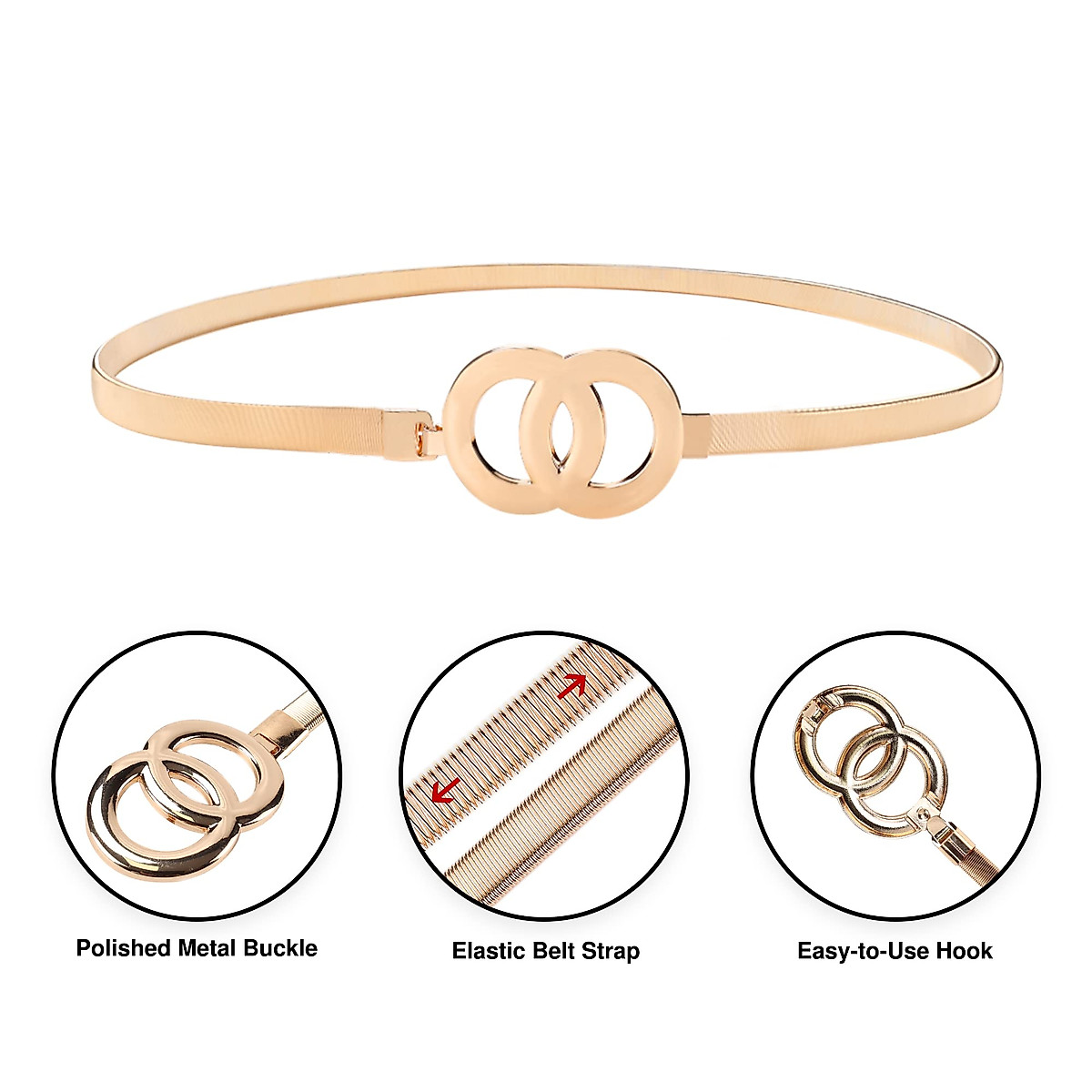 Youjaree Women Skinny Belt for Dresses 2 Pieces Metal Cinch Belt Gold Waistband Elastic Waist Belt for Women (A-2 Pieces (gold+sliver))