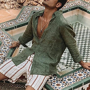 Maiyifu-GJ Mens Long Sleeve Linen Solid T-Shirts Casual Cotton Buttons Down Beach Shirts Plain Roll-Up Sleeve Summer Blouses (Green,Large)