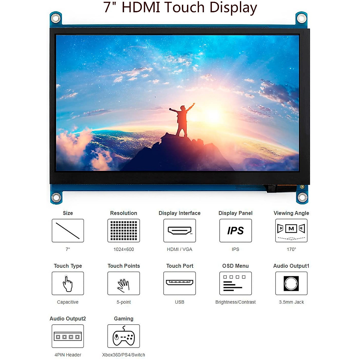 7inch HDMI LCD 1024x600 IPS Capacitive Touch Screen,HDMI/VGA Display Interface Support All Version Raspberry Pi 4B/3B+/3B/2B/Zero/Zero W/Zero WH,Jetson Nano BB Black Banana Pi Windows 10/8.1/8/7