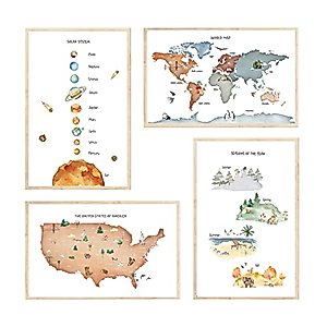 Educational Posters for Toddlers 11x17 inches - Preschool Posters - Worldmap, Solar System Poster, Seasons Chart, USA Map - Nursery Wall Decor - Set of 4 Learning Classroom Posters for Home Kindergarten - Unframed