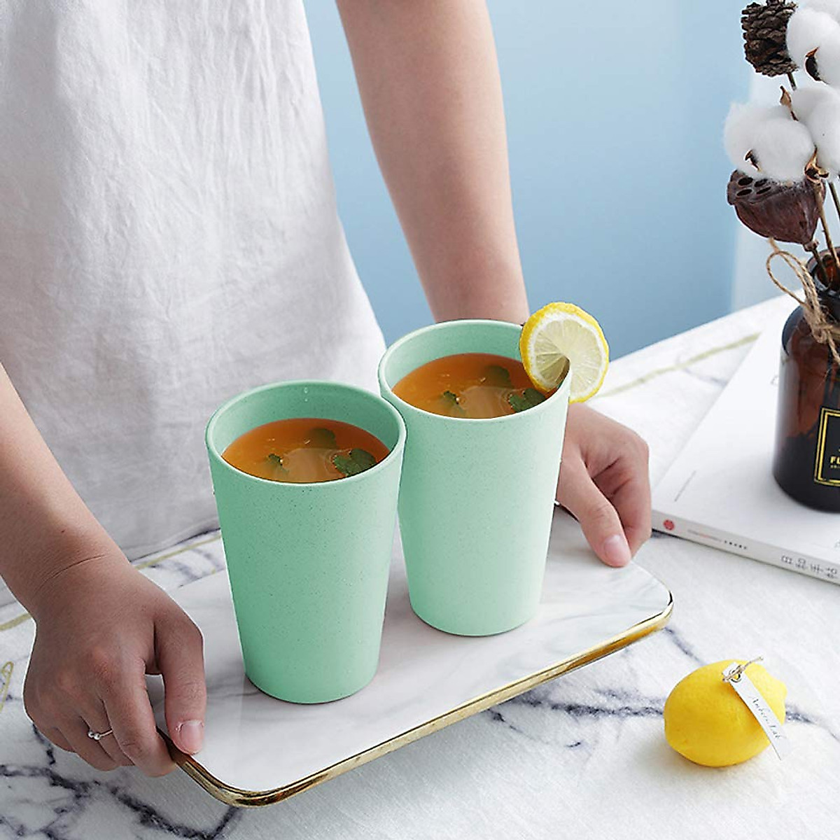 Roucerlin 4 Pack 20 OZ Wheat Cup, Unbreakable Reusable Wheat Straw Drinking Cup, Coffee, Tea, Water, Beer, Milk, Juice Cup, Stackable Travel Cup (Green)