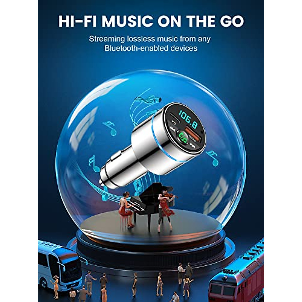 FM Transmitter for Car Bluetooth 5.3, RIWUSI [All-Metal] PD 20W & QC3.0 18W Fast Car Charger, Wireless FM Radio Car Kit Bluetooth Car Adapter, Noise Cancelling Hands-Free Call, Hi-Fi Music, Blue Light