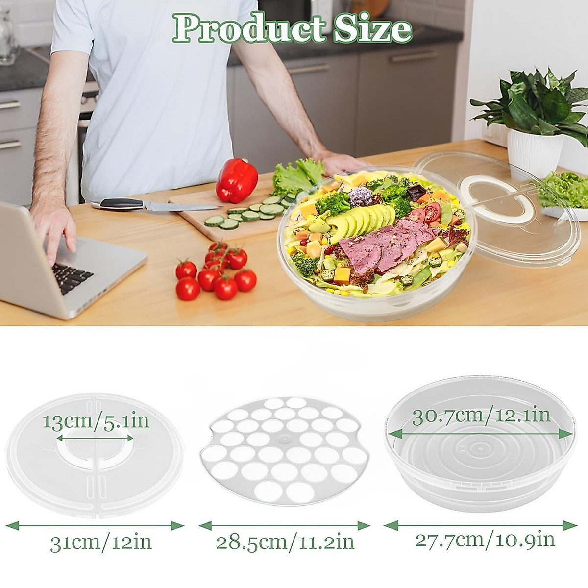 LANIAKEA 3PCS 12 Inch Food Storage Container with Lid and Handle, 2 Compartments Reusable Pizza Slice Storage Container Pie Container Leftover Pizza Keeper for Food Cake Cheesecake Tortilla Pastry