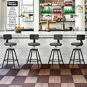 Industrial Swivel Bar Stool Set of 4, 26"-32" Adjustable Counter Height Bar Stool with Back for Kitchen Island, Vintage Farmhouse Faux Leather Barstool with Black Metal Legs, Dark Gray