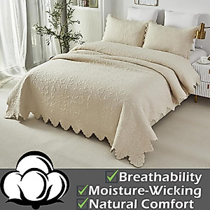 Brandream Beige Quilts Queen King Size Cotton Farmhouse Matelasse Coverlet Scalloped Edge Bedspreads Luxury Quilt Bedding Set 3-Piece 98x106