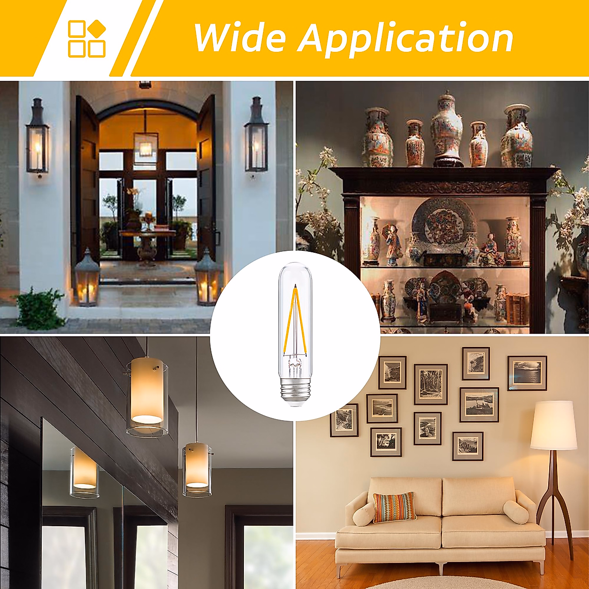 Dimmable E26 T10 LED Bulb Long Tube Light Bulb,Type T Tubular Light Bulbs for Curio Cabinet,Piano Light,Chandelier ,Wall Sconces,4W(40W Equivalent) AC120V Warm White 2700K 400LM CRI 90,Pack of 2