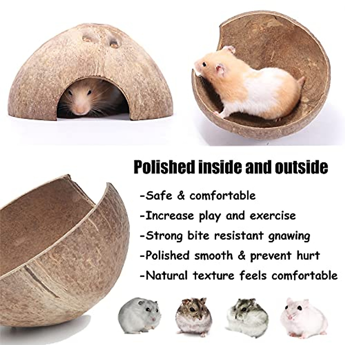PINVNBY Coconut Hut Hamster Hiding House Hanging Coconut Shells Pet Cave Hideout Small Animal Cage Habitat Decor for Gerbils Rats Mice Dwarf Syrian Hamster Playing & Resting (6 PCS) 
