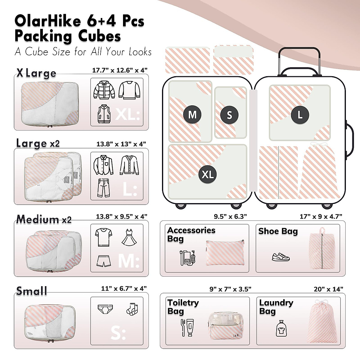 OlarHike Travel Essentials ALL INCLUDED 10 Set Sturdy Packing Cubes for Suitcases, UPGRADED Anti-Tear Stitching, NEW Improved Luggage Packing Organizers for Travel Accessories(Pink stripes)