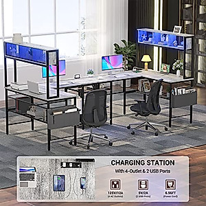 Unikito L Shaped Computer Desk with LED Strip and Power Outlets, Reversible L-Shaped Corner Desk with Storage Shelves and Bag, Industrial Home Office Desk Gaming Table with USB Port, White Oak