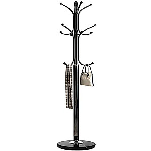 Kertnic Metal Coat Rack Stand with Natural Marble Base, Free Standing Hall Tree with 12 Hooks for Hanging Scarf, Bag, Jacket, Home Entry-way Hat Hanger Organizer (Black)