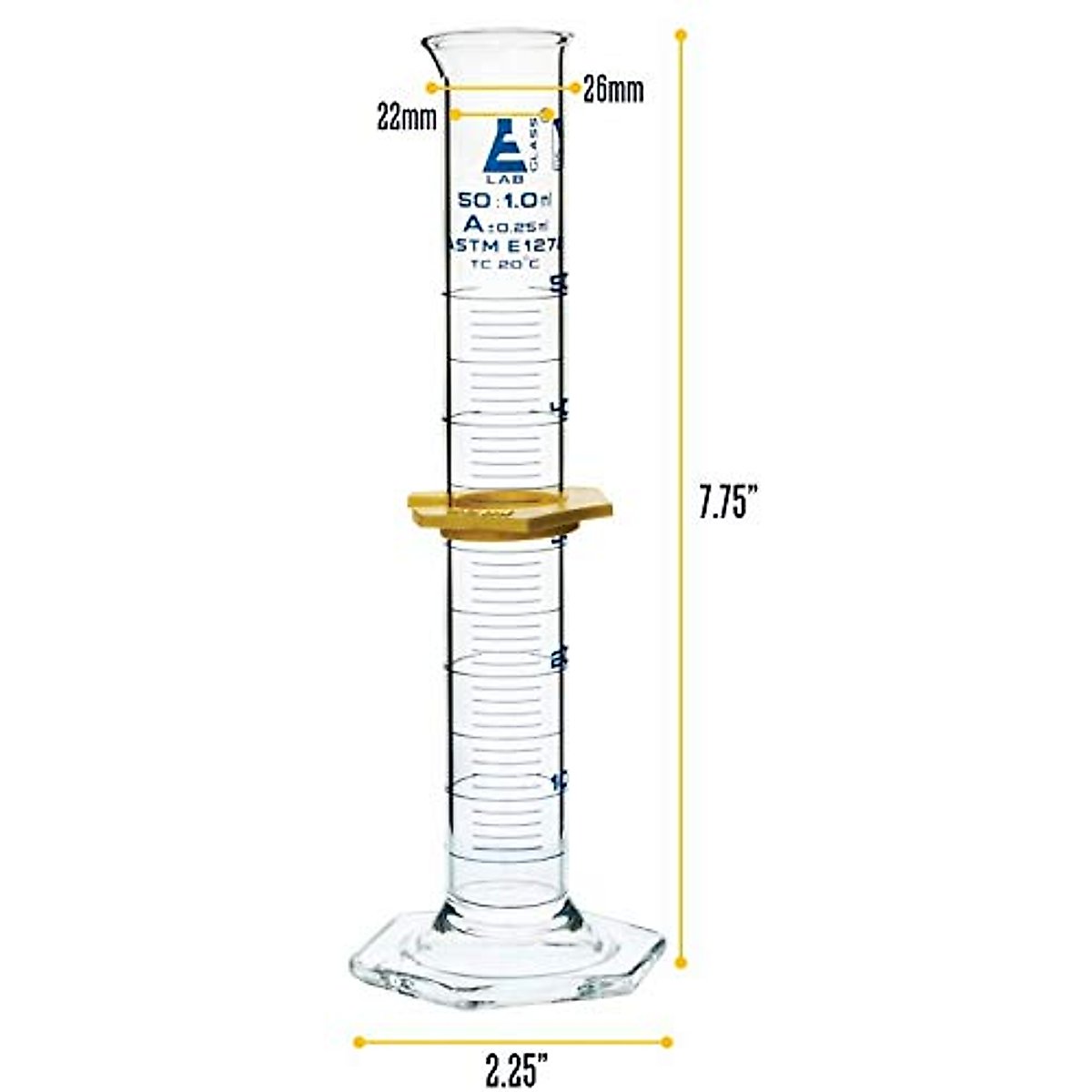 EISCO Graduated Cylinder, 50mL - ASTM, Class A Tolerance ±0.25mL - Protective Collar, Hexagonal Base - Blue Graduations - Borosilicate 3.3 Glass