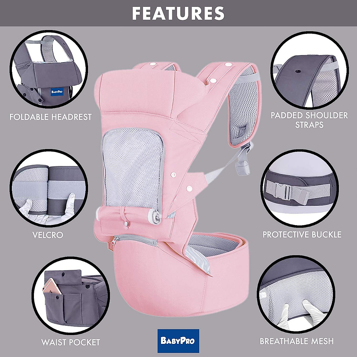 BabyPro Ergonomic Baby Carrier with Hip Seat, 6 in 1 All Season Baby Sling for Newborns Infants Toddlers, Hands Free Baby Wrap Front and Backpack for Traveling, Hiking and Breastfeeding (Pink)